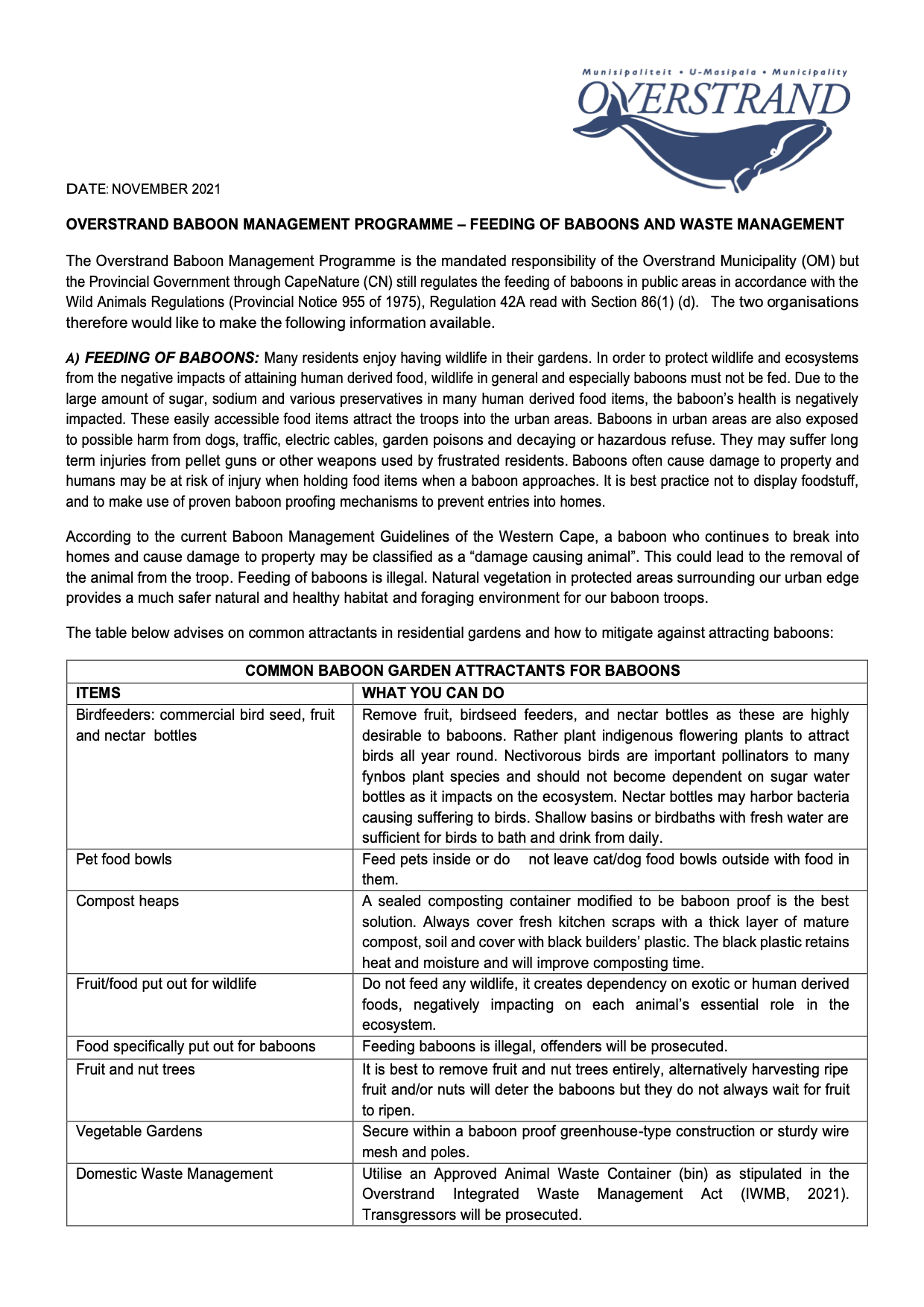 OM Compliance letter for waste management and feeding baboons - Bettys Bay
